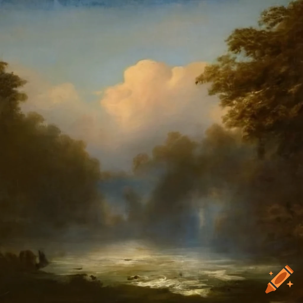 Painting of a neoclassical landscape with a house beside a fountain on ...