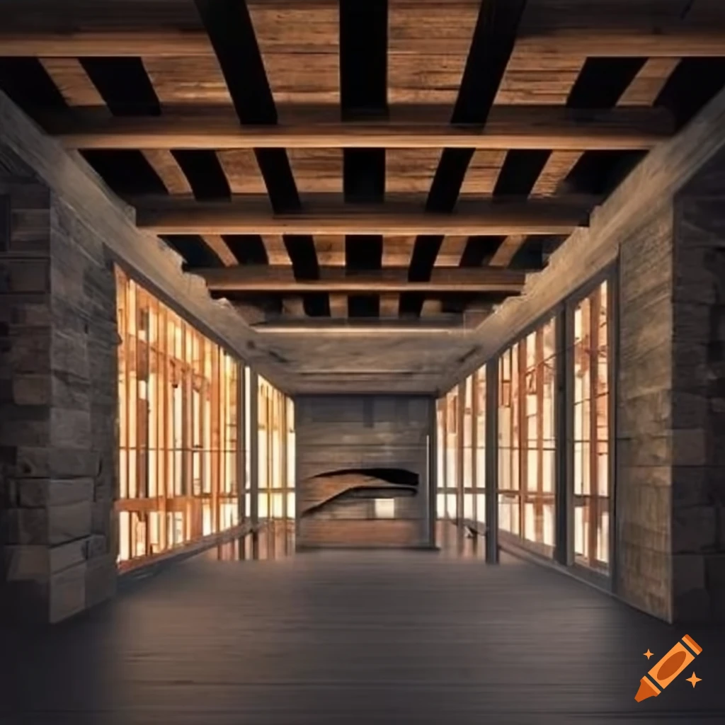 Modern commercial area with wooden floor and exposed black wooden ...