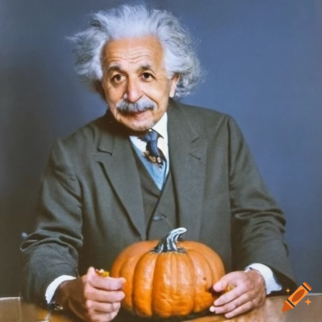 Photograph of Albert Einstein with a large pumpkin on Craiyon