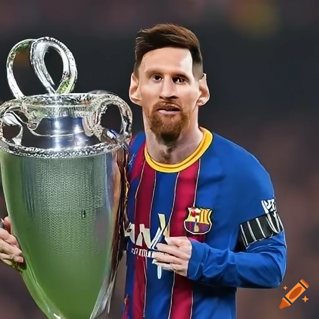 Lionel messi celebrating with the champions league trophy on Craiyon