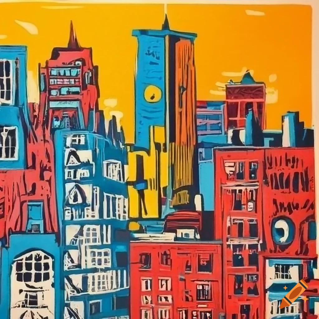 Colorful lino print of a 1950's comic cityscape with flying machines on ...