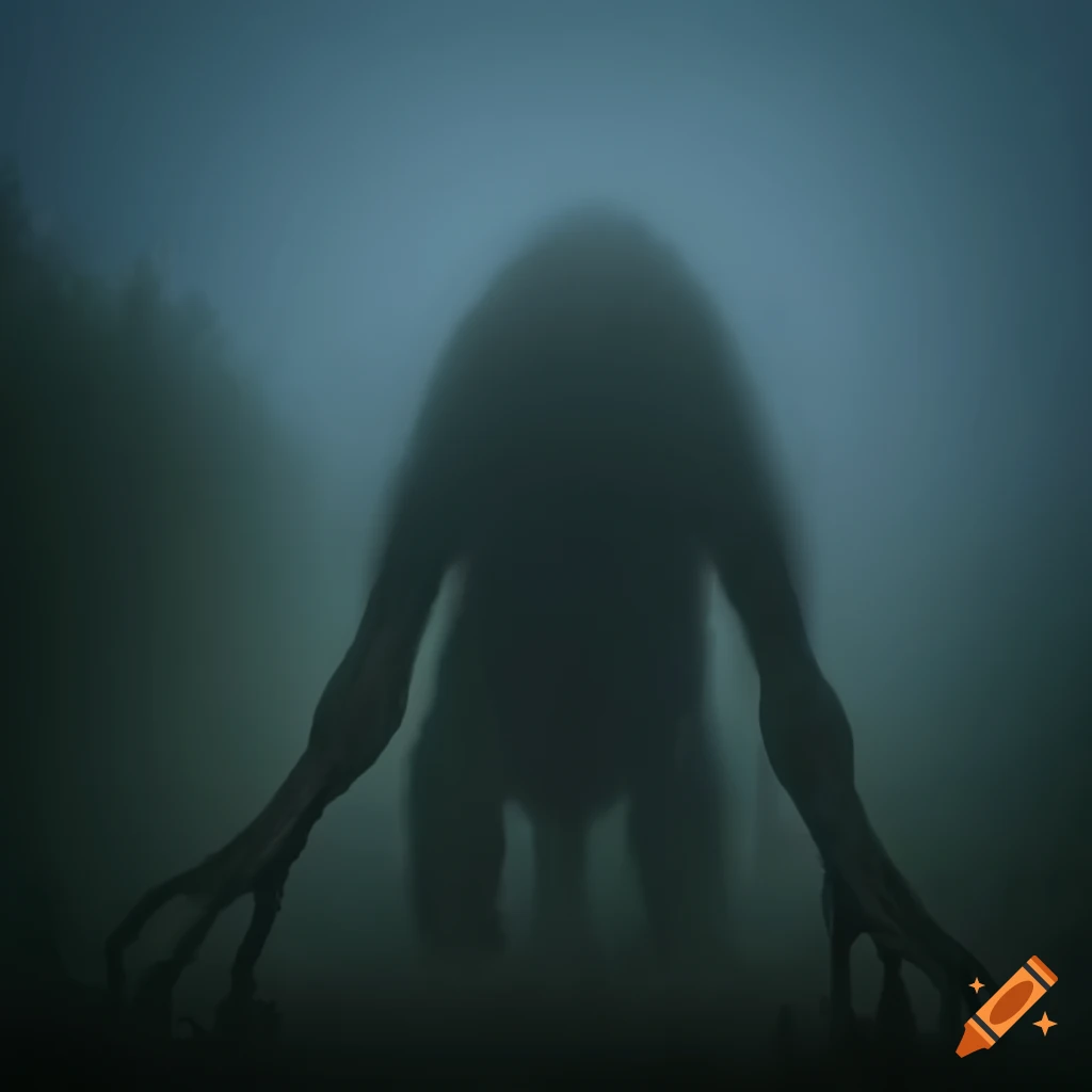 Sinister monster with glowing eyes in a foggy field on Craiyon