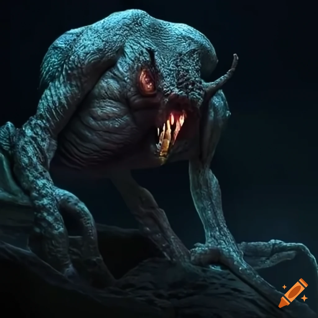 Sinister creature with glowing eyes hiding behind a rock on Craiyon