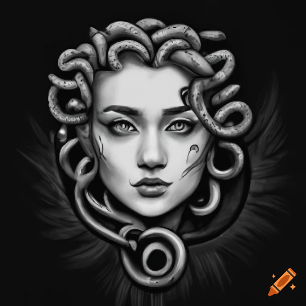 Simple logo with detailed medusa's face in dark style on Craiyon