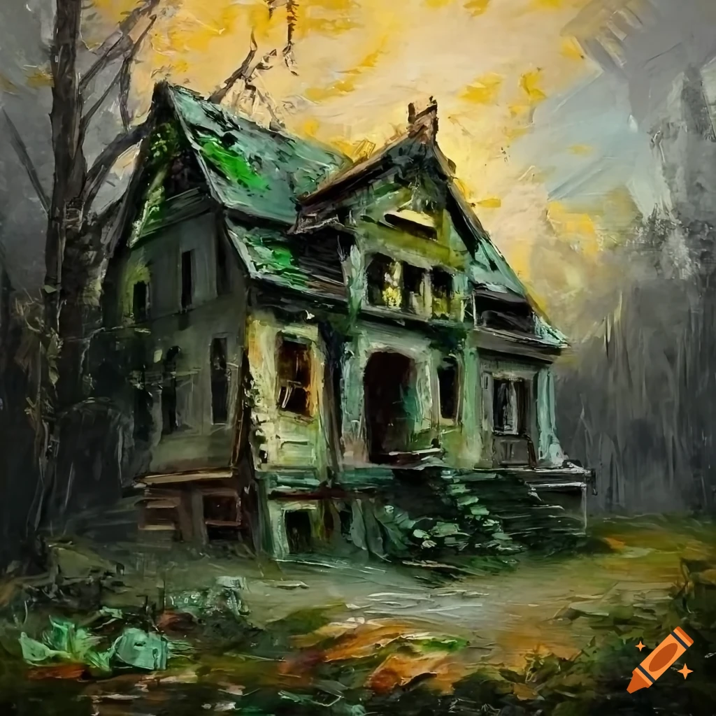 Detailed oil painting of an overgrown haunted house on Craiyon
