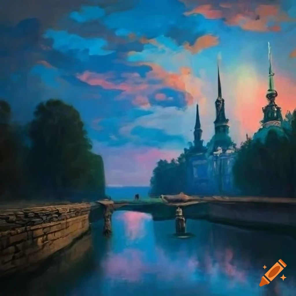 Neoclassical landscape painting with a house and beautiful sky on Craiyon