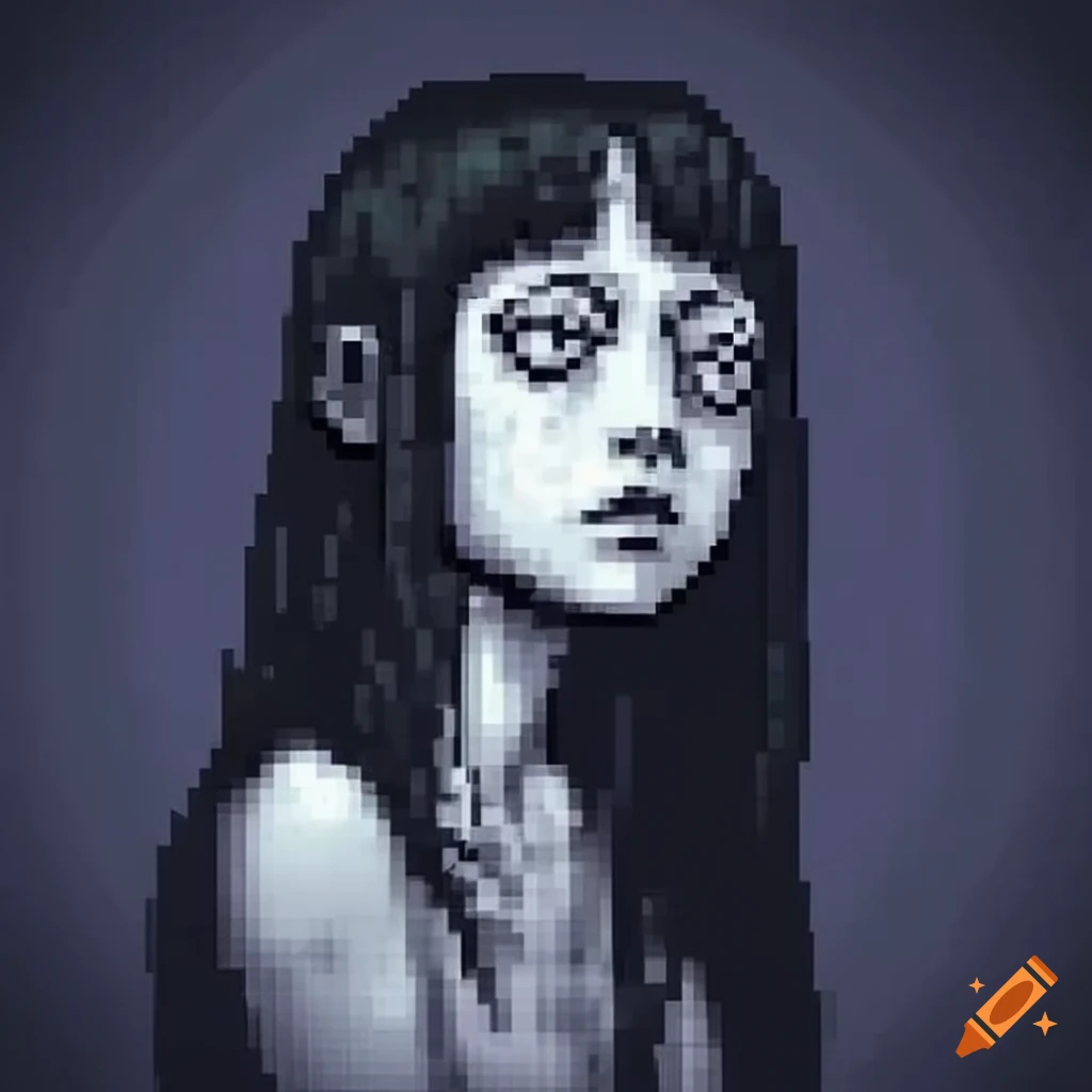 Pixel art of a mysterious girl in a haunting world on Craiyon