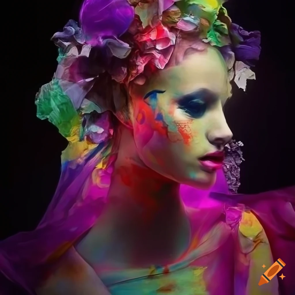 Vibrant photo of a vogue model in recycled paper clothes on Craiyon
