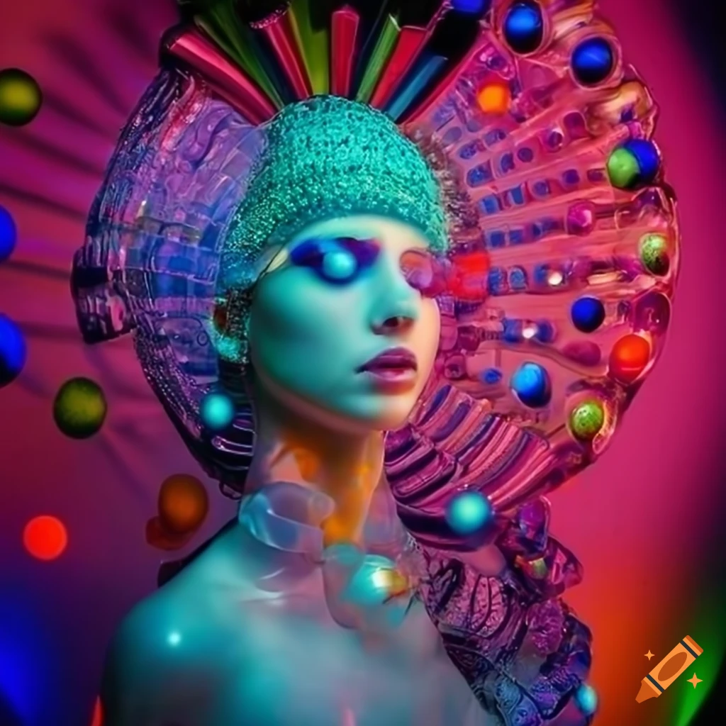 Fashion model in extravagant outfit in surreal setting on Craiyon