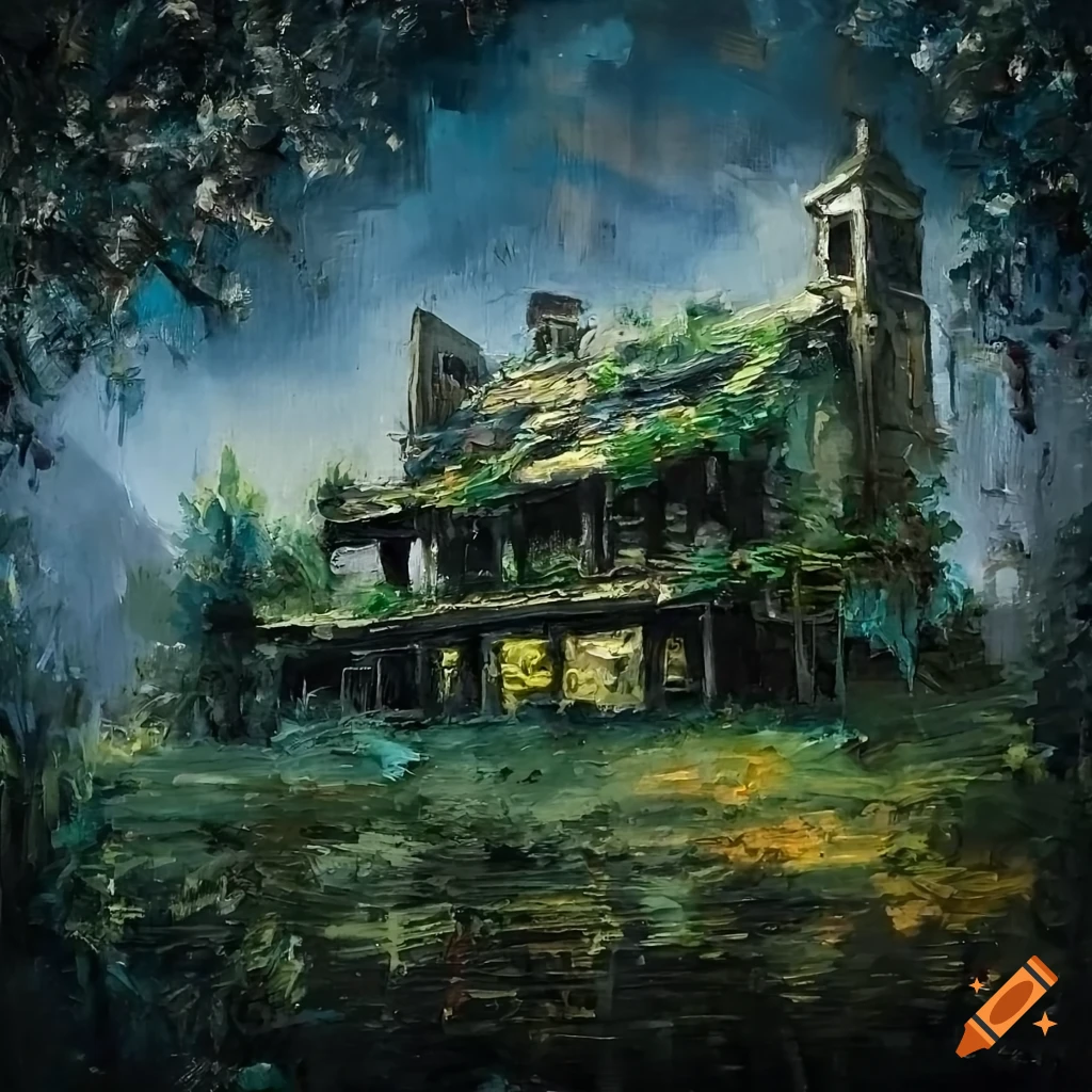 Detailed oil painting of an overgrown haunted house on Craiyon