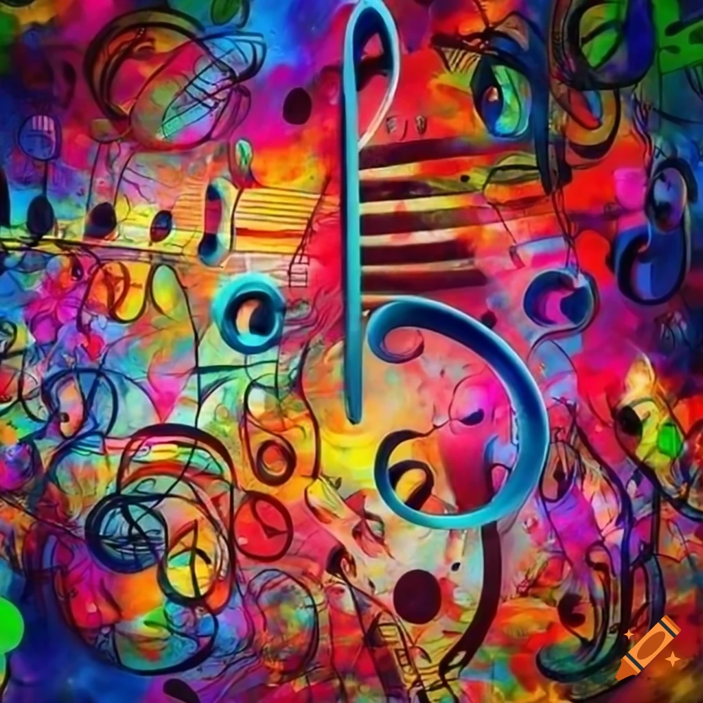 Vibrant collage of treble clefs and musical notes on Craiyon