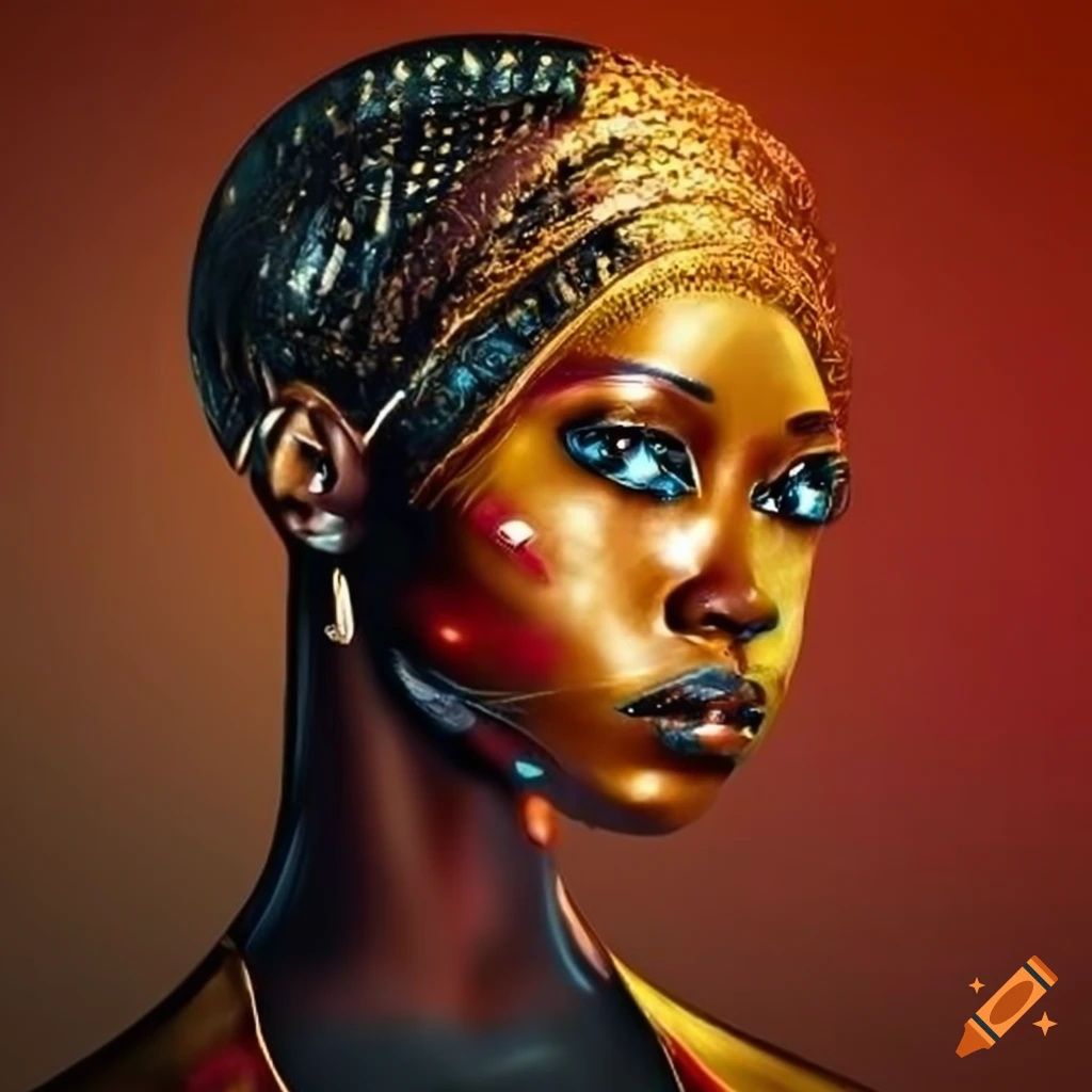 Abstract art of a red, gold, black, and copper cyborg African tribe on ...