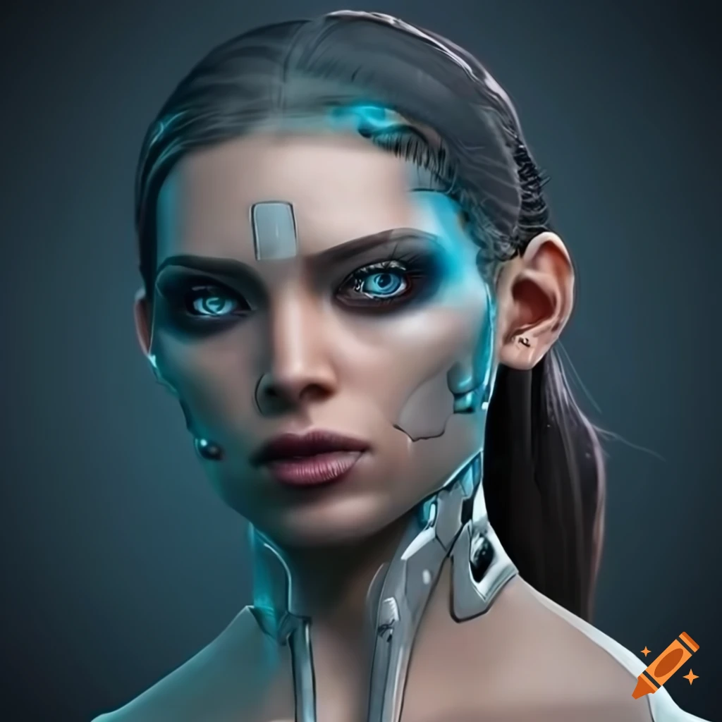 Photorealistic image of a female cyborg with symmetrical eyes