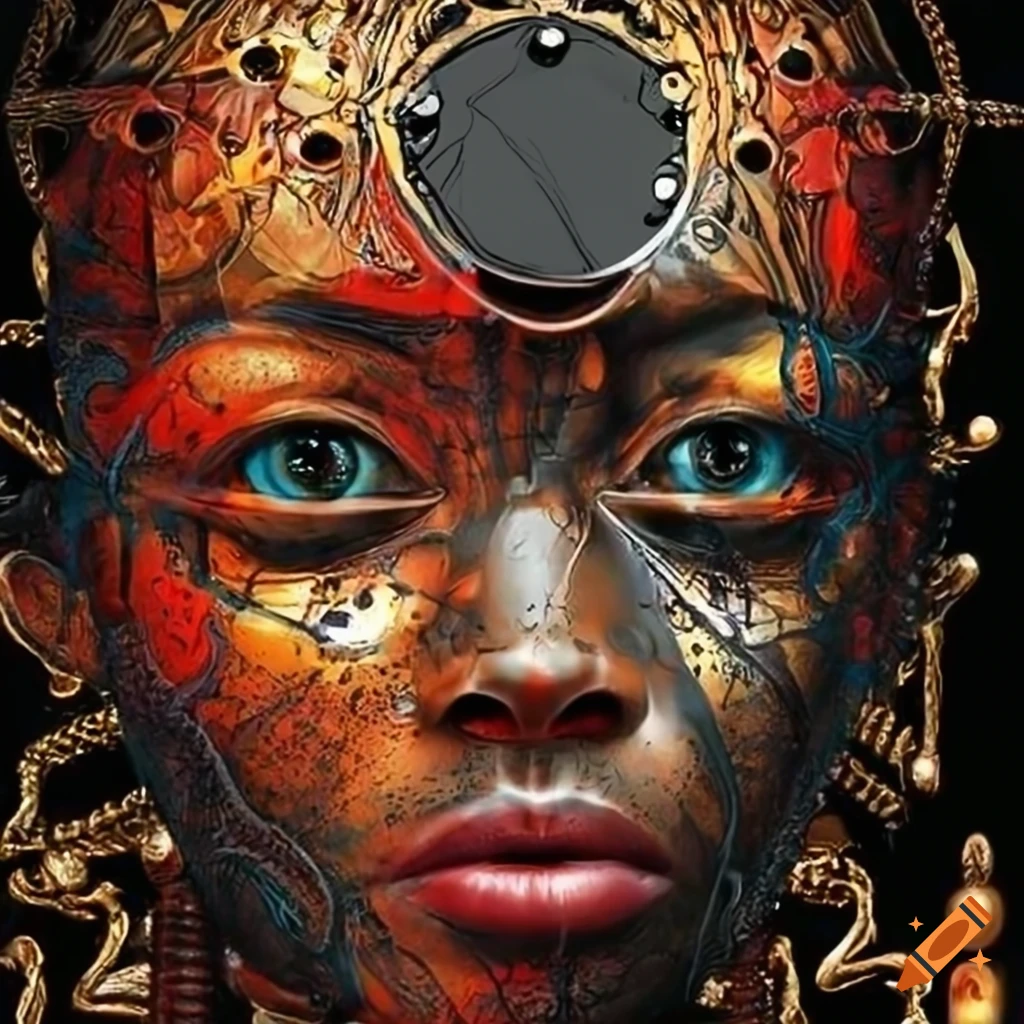 Surreal abstract artwork of a gold, black, red, and copper cyborg ...