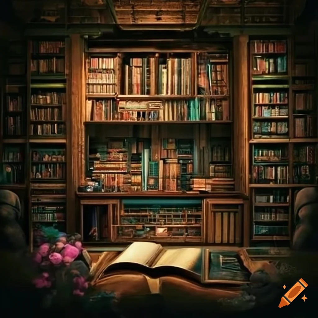 Image of a magical study library with a vibrant garden on Craiyon