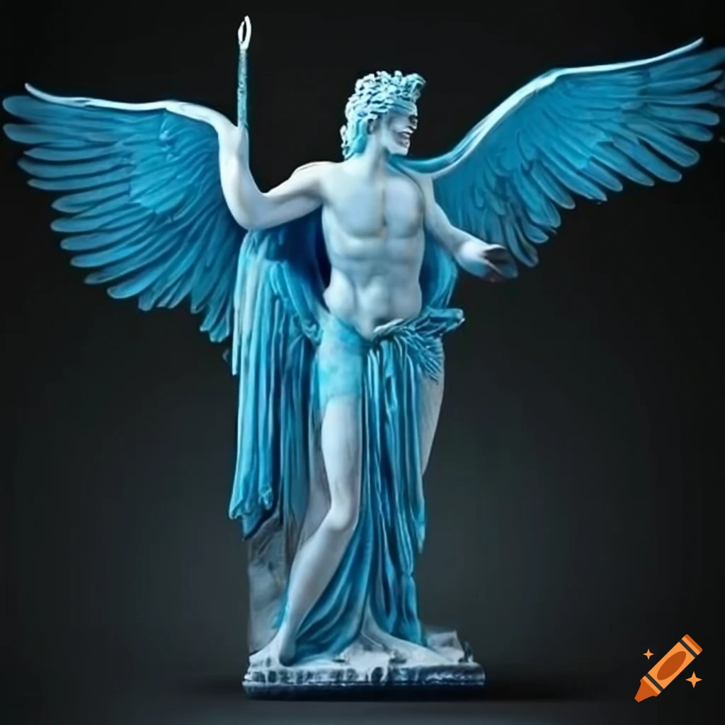 Statue of a greek god with blue wings on Craiyon