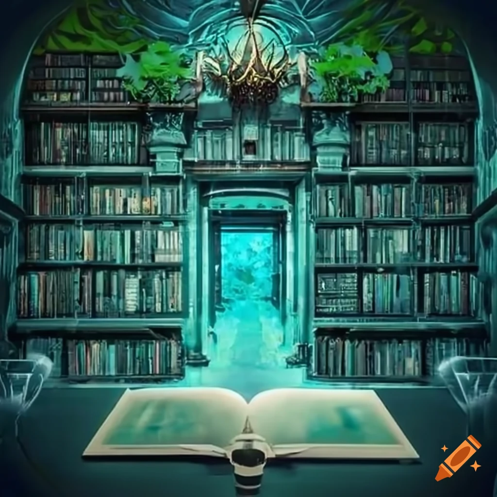 Image of a magical library connected to a futuristic computer room on ...