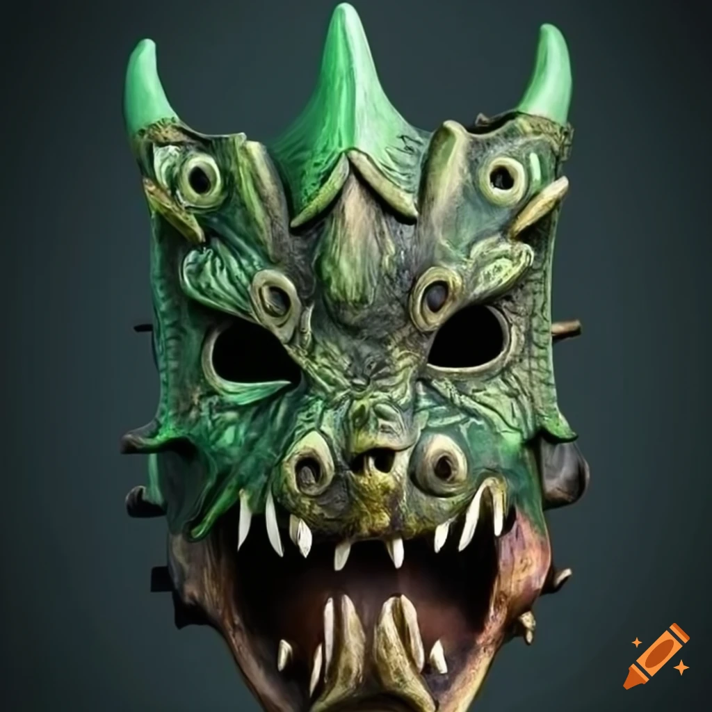 Detailed dragon mask with bronze and wooden details on Craiyon