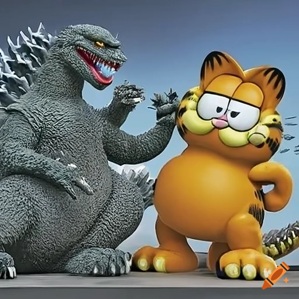 Comic illustration of garfield facing off against godzilla on Craiyon