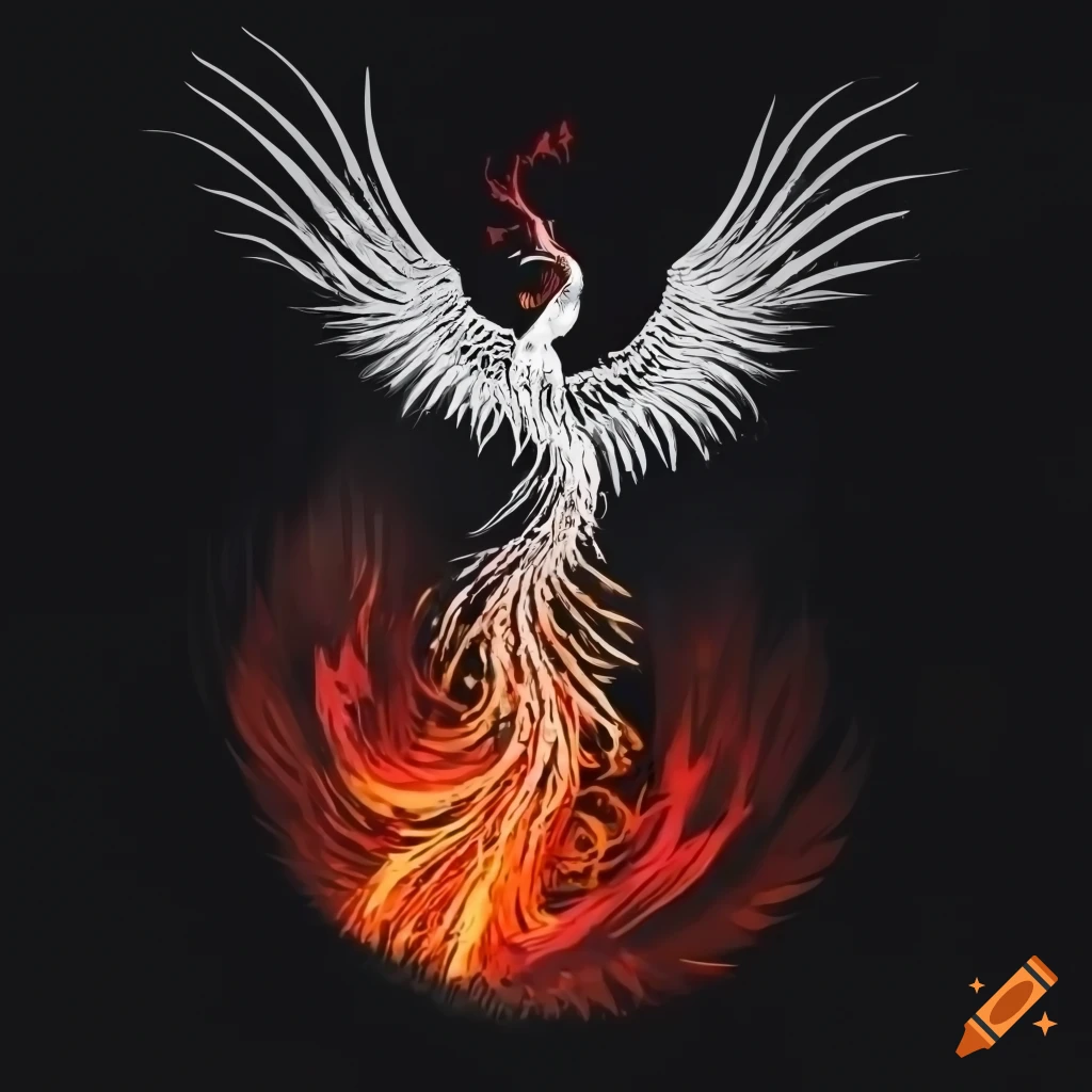 Black and white phoenix rising from the ashes artwork on Craiyon