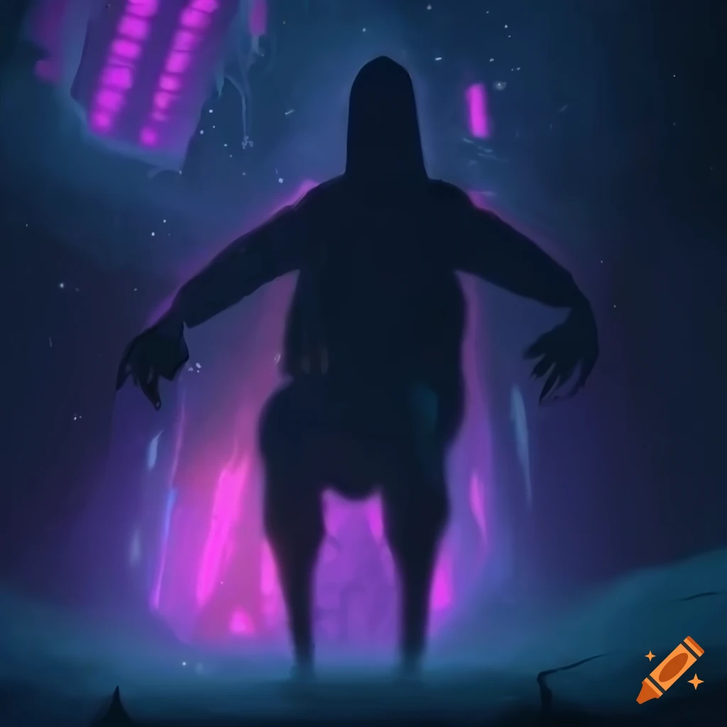 Digital painting of a creepy shadow figure hovering over a tent