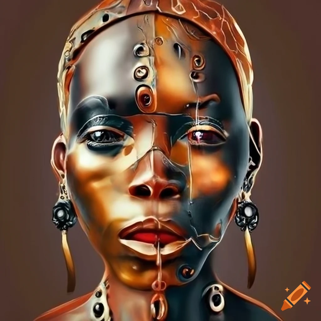 Surreal abstract artwork of a gold, black, red, and copper cyborg ...