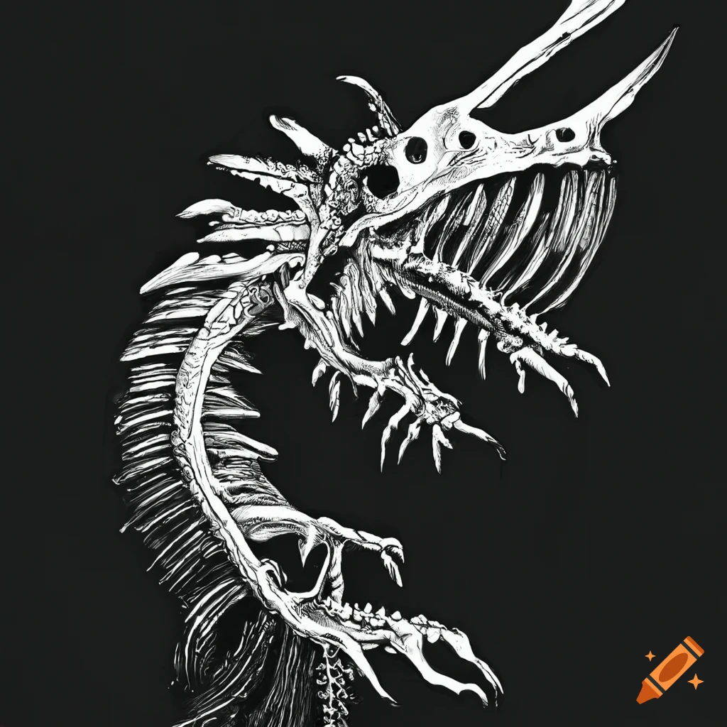 Detailed illustration of a dragon skeleton on Craiyon