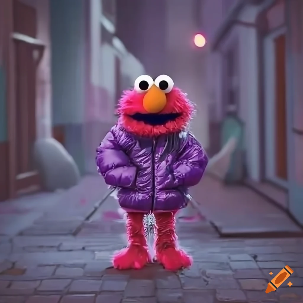 Elmo in a puffer jacket holding a purple soda at night on Craiyon
