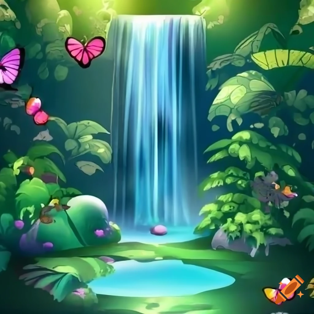 Colorful waterfall in a jungle with butterflies on Craiyon