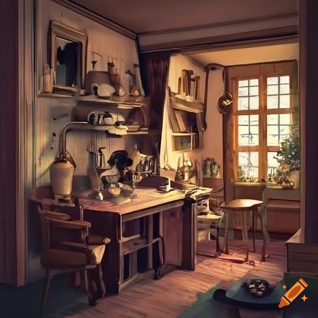 Image of a witch's study room with a kitchen and garden on Craiyon