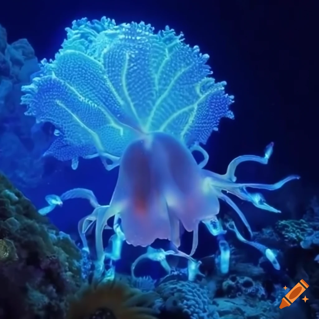 Glowing deep sea creatures in a mysterious coral reef on Craiyon