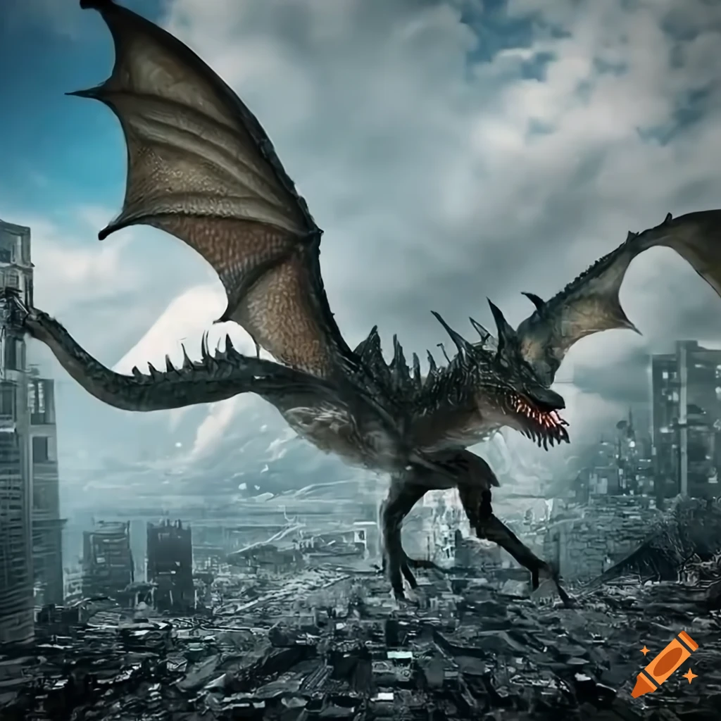 Illustration of a dragon flying over a destroyed city