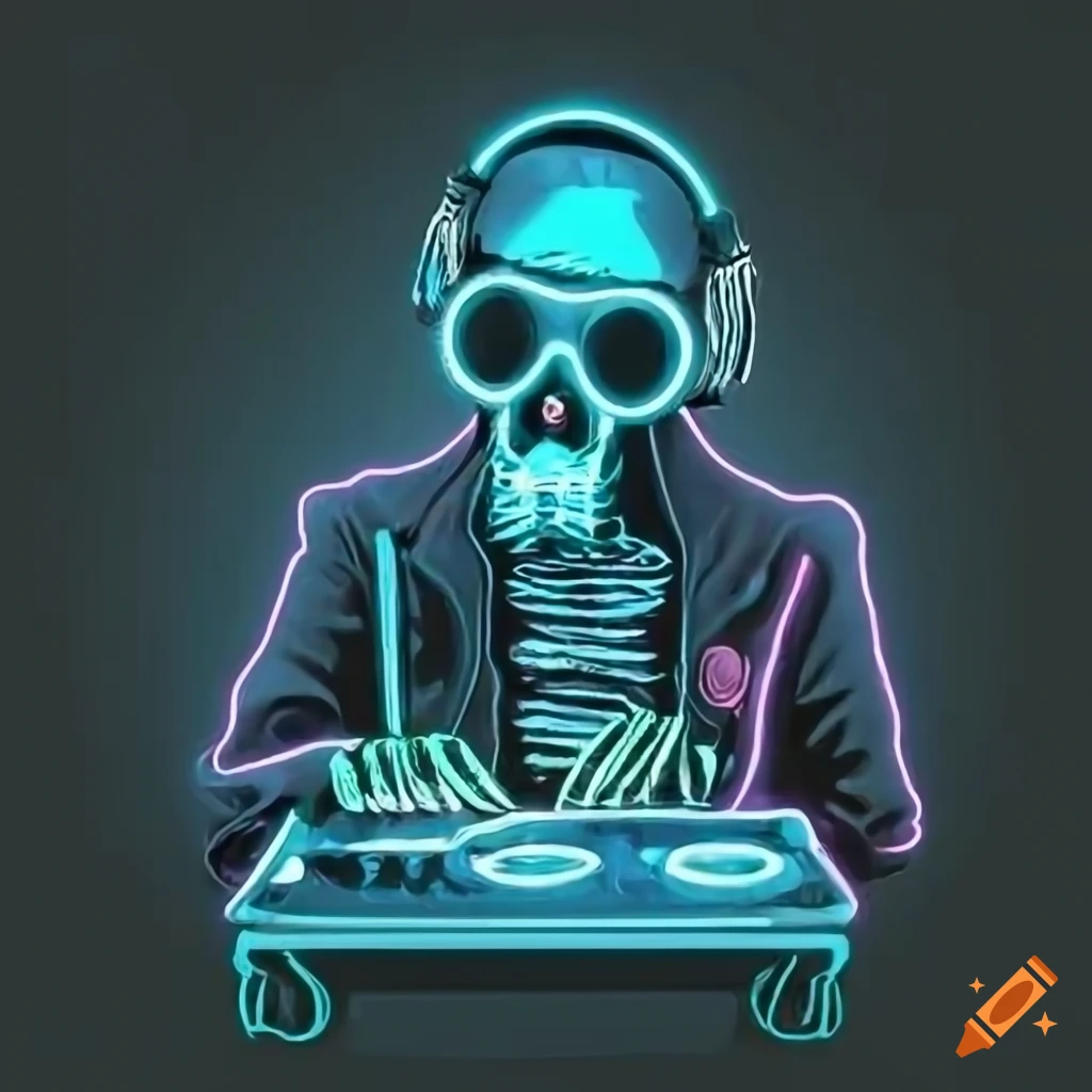 Neon skeleton DJ wearing gas mask and headphones on Craiyon