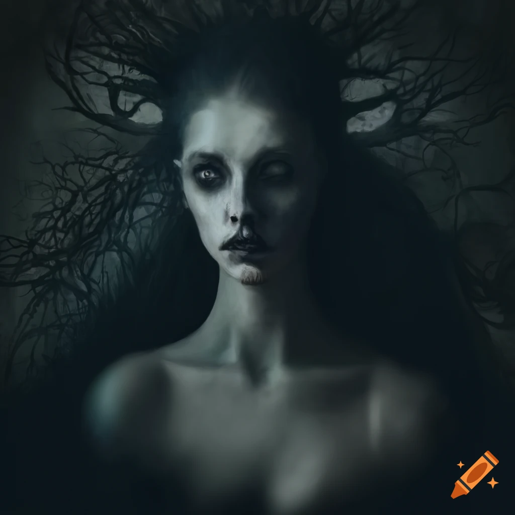 Haunting dark art print of nymphs and a beast