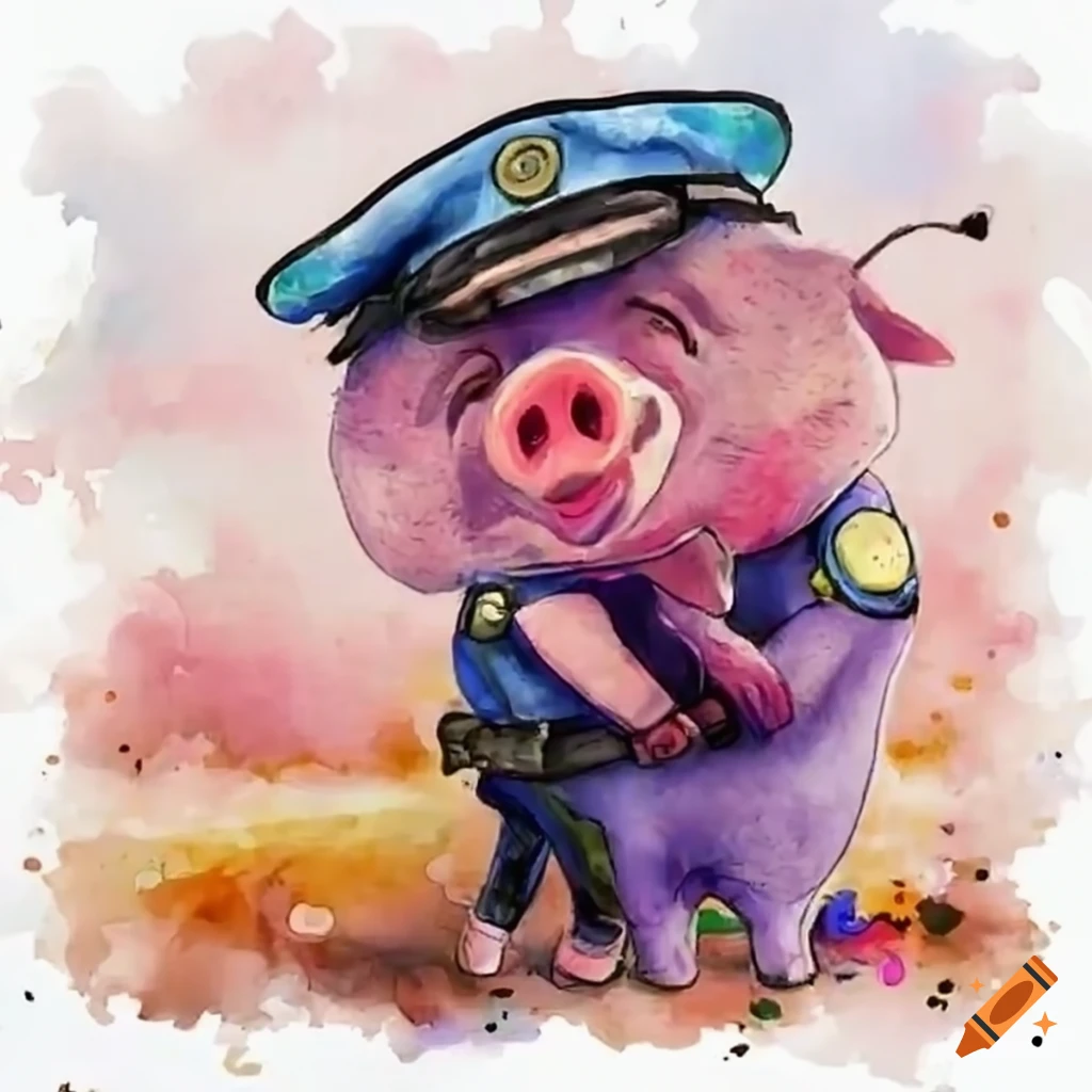 Humorous illustration of a pig hugging a cop