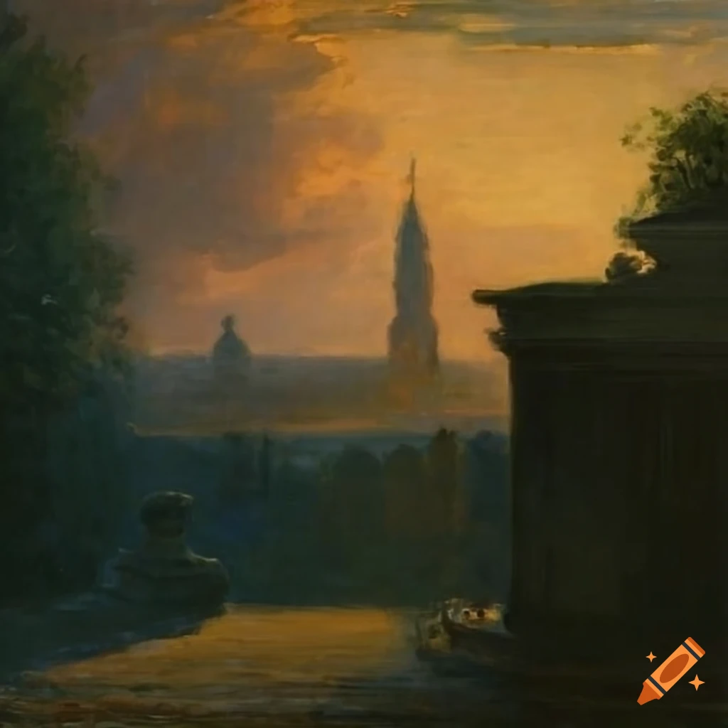 Neoclassical landscape painting with staircase and balcony on Craiyon