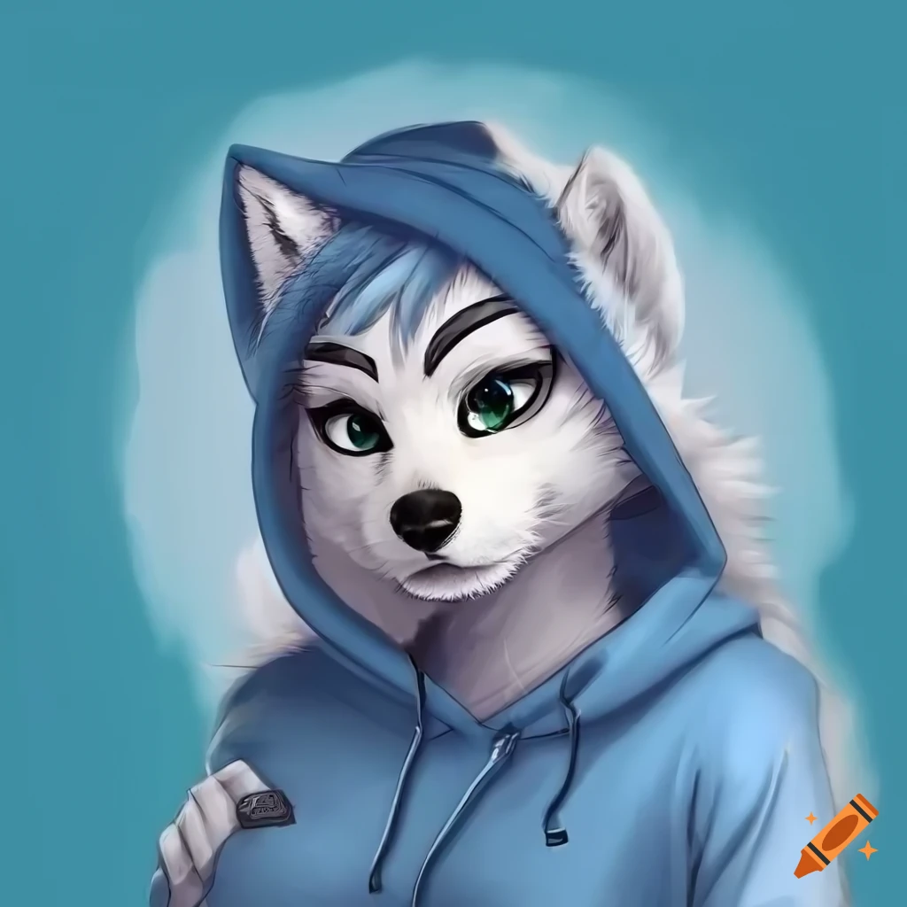 Furry white wolf wearing blue outfit on Craiyon