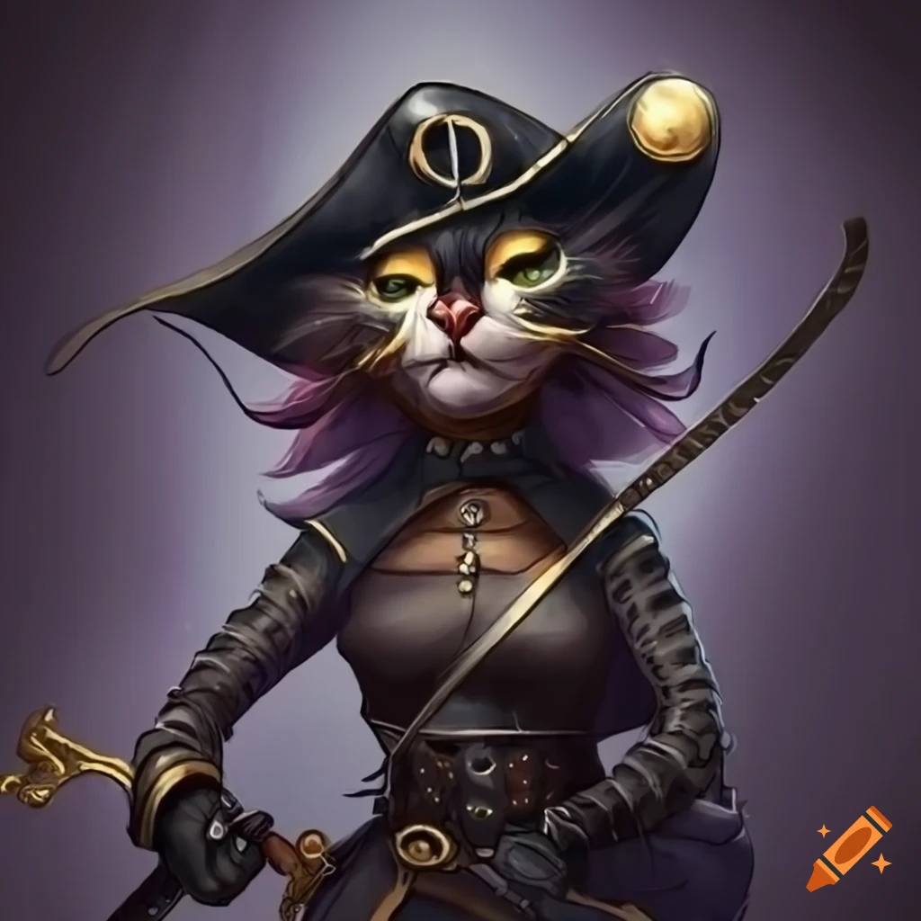 Digital art of a fierce cat pirate rogue on Craiyon