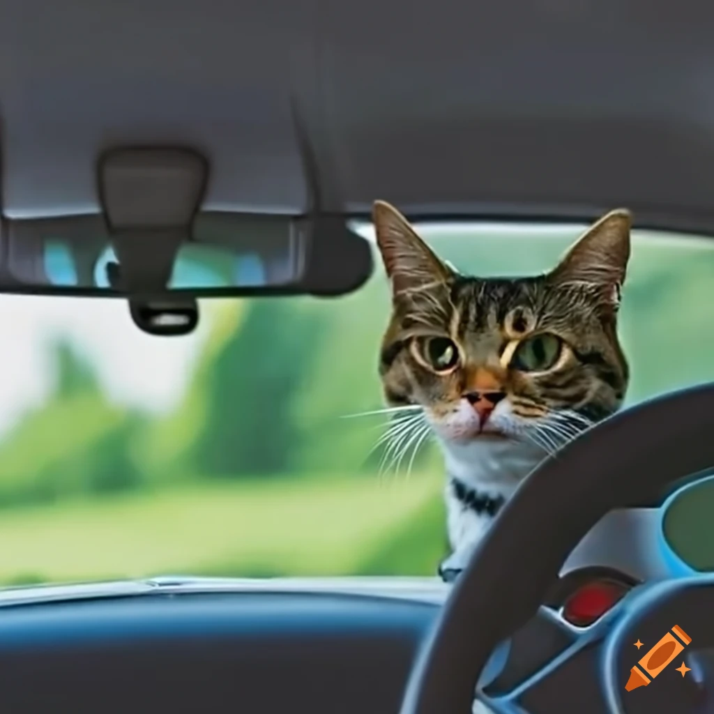 Humorous image of a cat driving a car on Craiyon