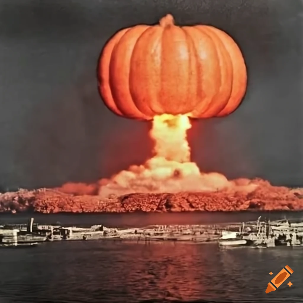 Colorized image of a pumpkin-shaped nuclear explosion on Craiyon