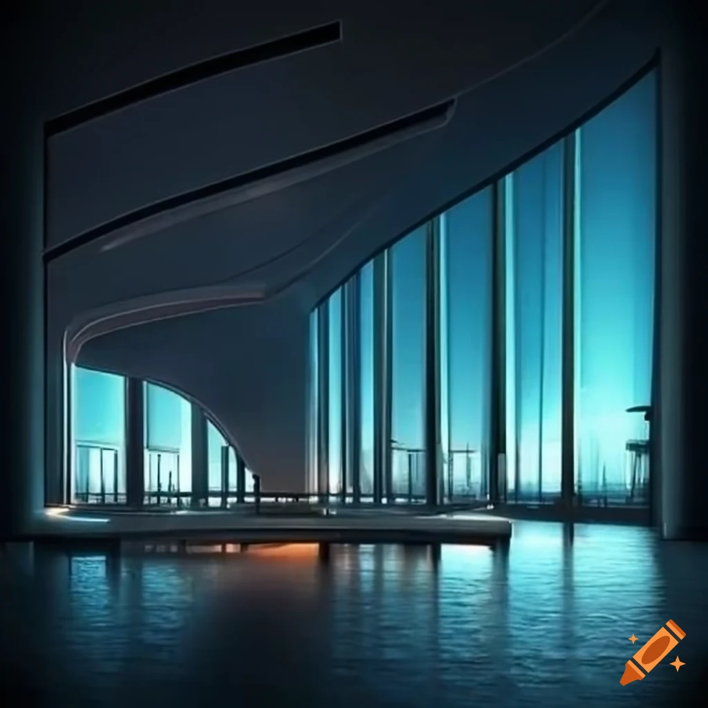 Futuristic concert hall with a grand piano and windows overlooking a ...