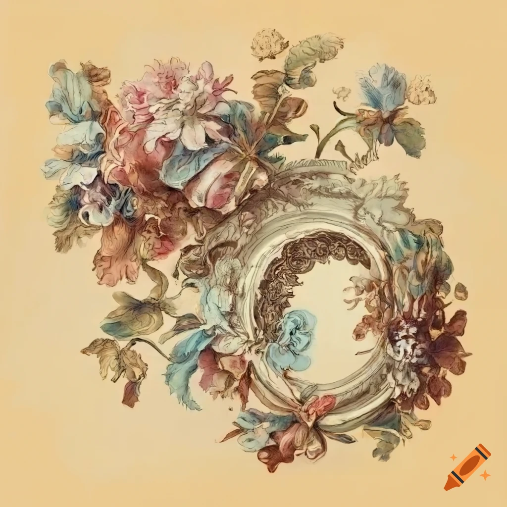 Rococo drawing of flowers growing over a portal on Craiyon