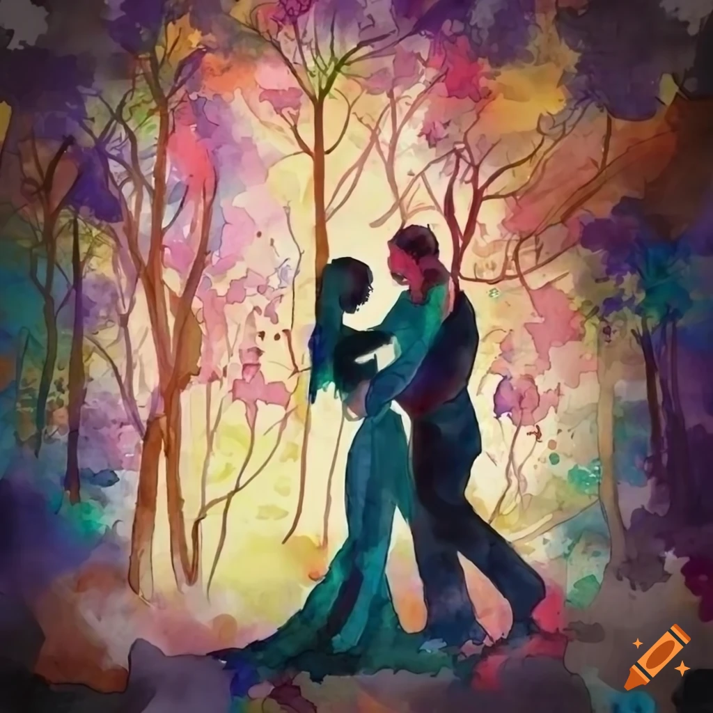 Watercolor of a couple dancing tango in a magical forest on Craiyon