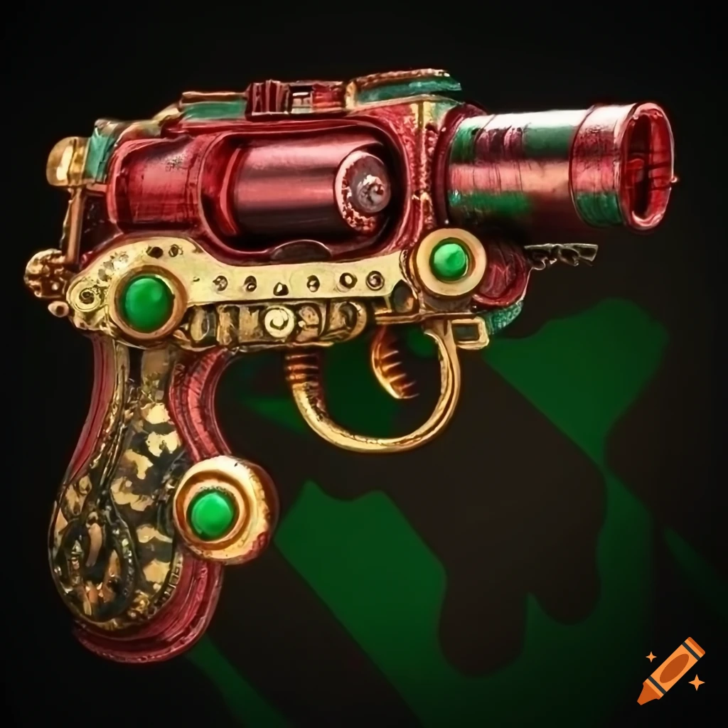 Red, green, and gold steampunk gun on Craiyon