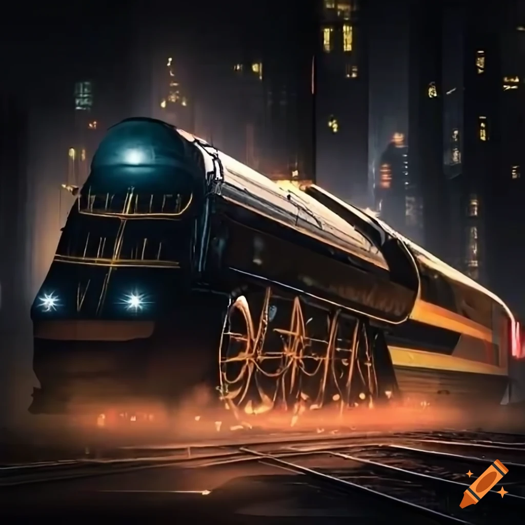 Futuristic steam train speeding through a futuristic city at night on ...