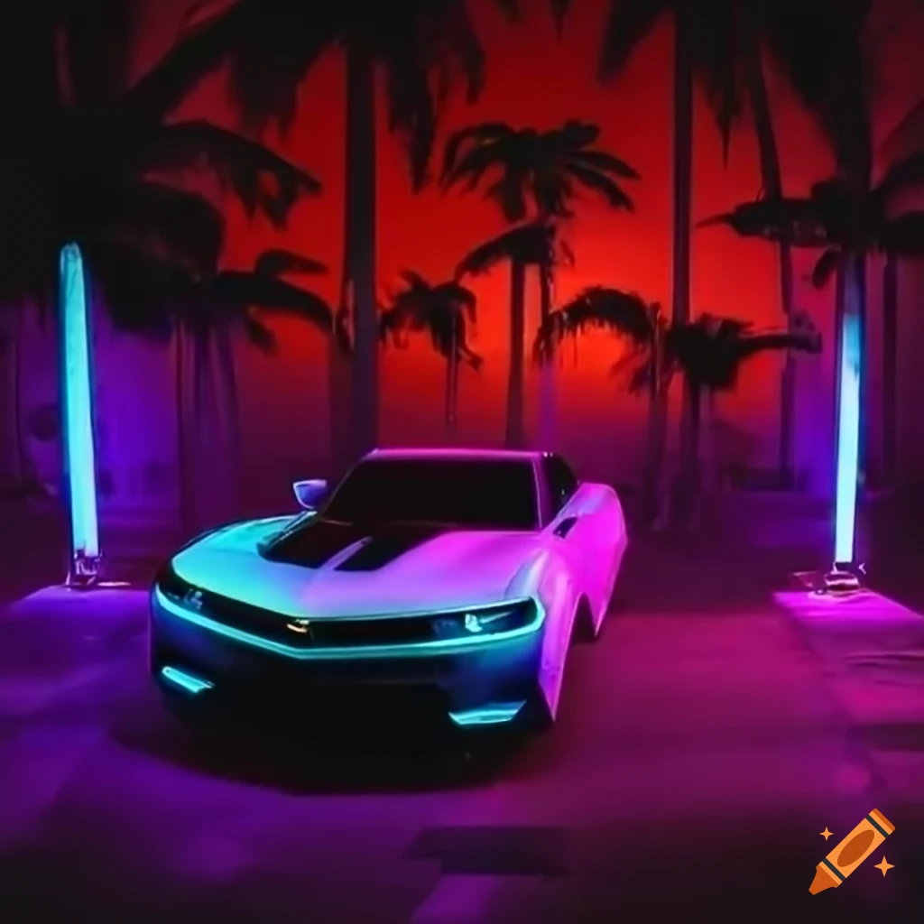 Sleek camaro with neon lights parked next to palm trees on Craiyon