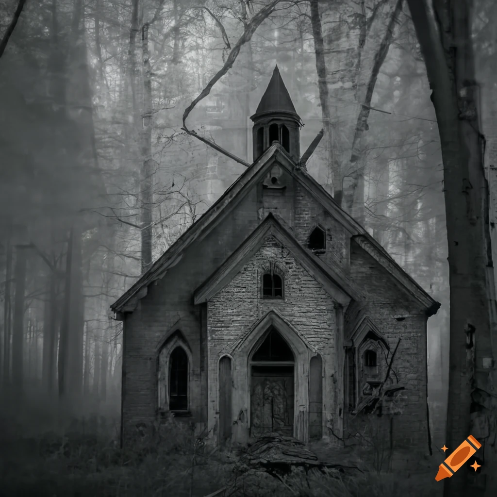 Image of an abandoned church in a dense forest on Craiyon