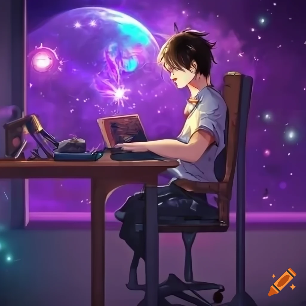 Anime-style illustration of a gamer with purple LED lights in the ...