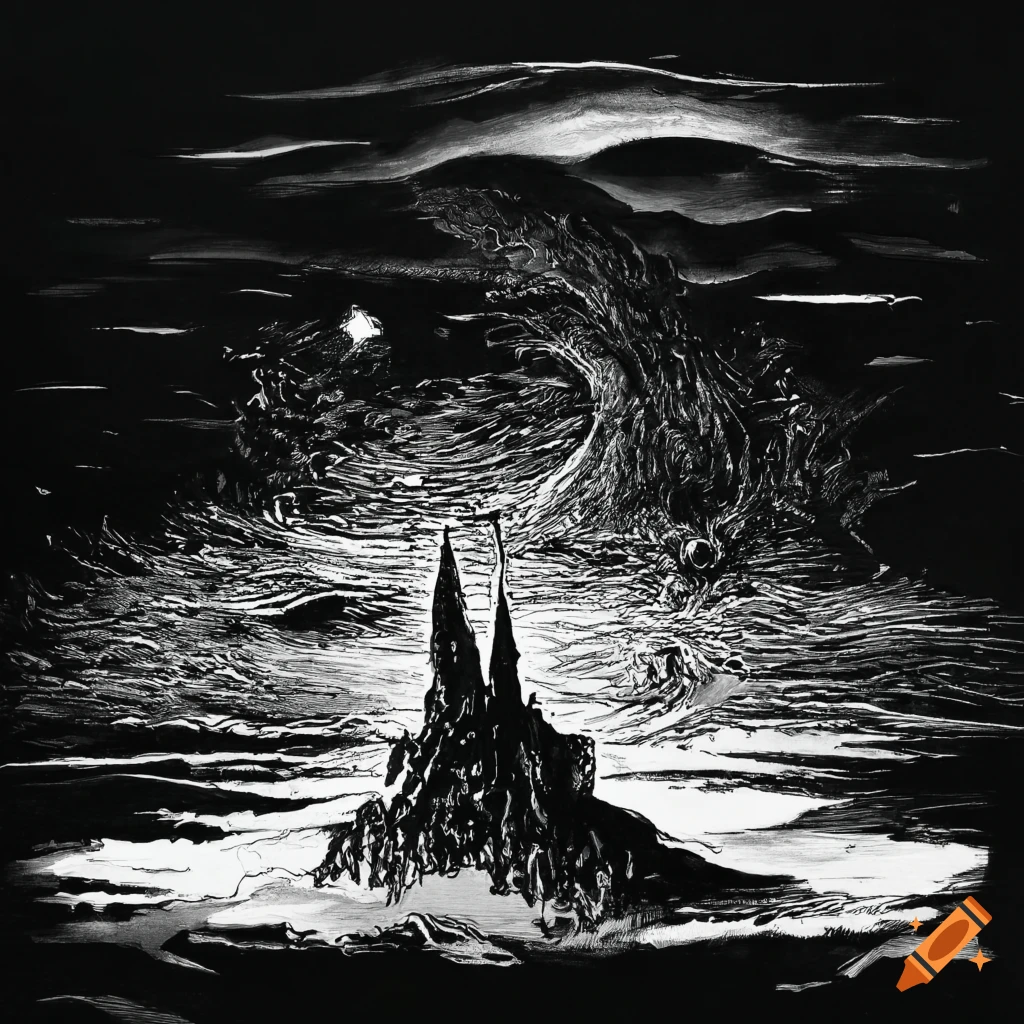 Black and white ink drawing of a desolate island in stormy waters on ...