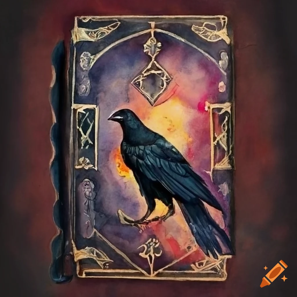 Watercolor painting of a black leather spellbook with a raven on Craiyon